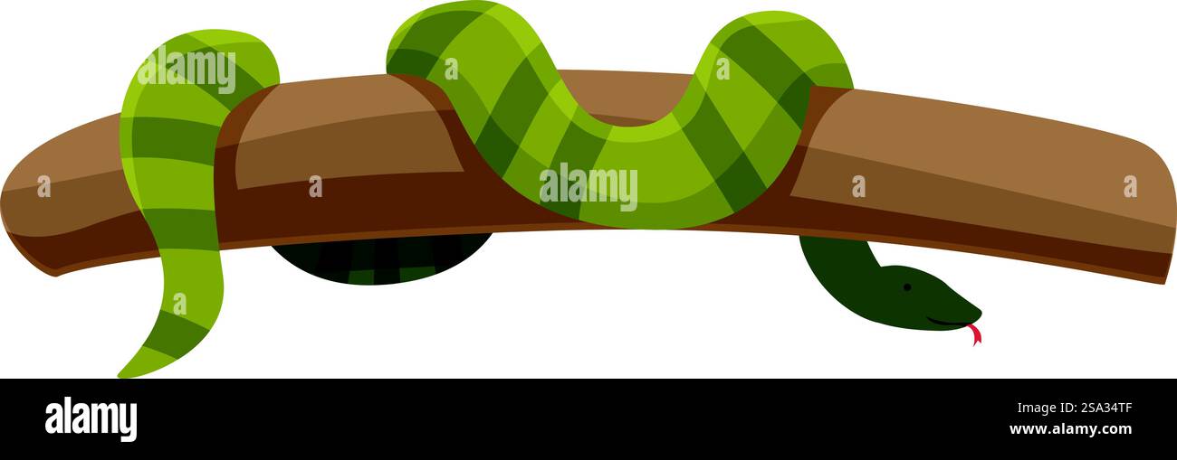 Playful illustration of a green cartoon snake resting on a brown tree ...