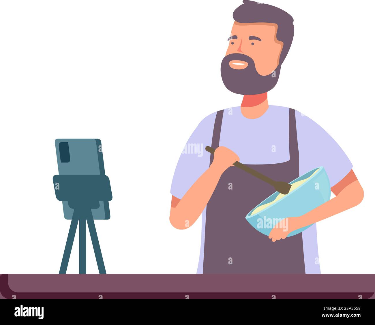Smiling male artist in an apron holding a paintbrush and palette, ready ...