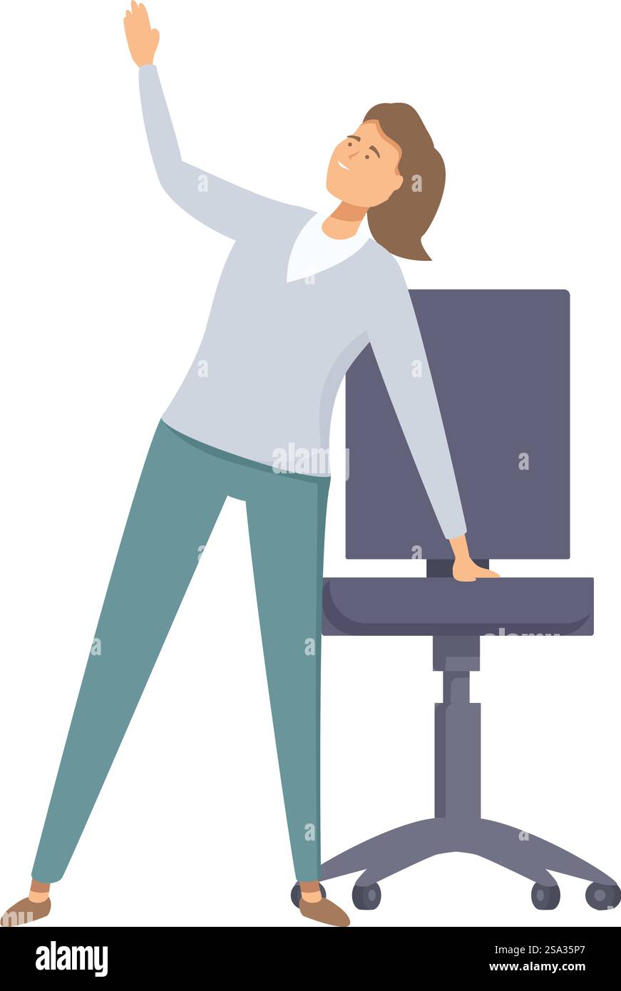 Illustration of a smiling woman stretching next to her office chair ...