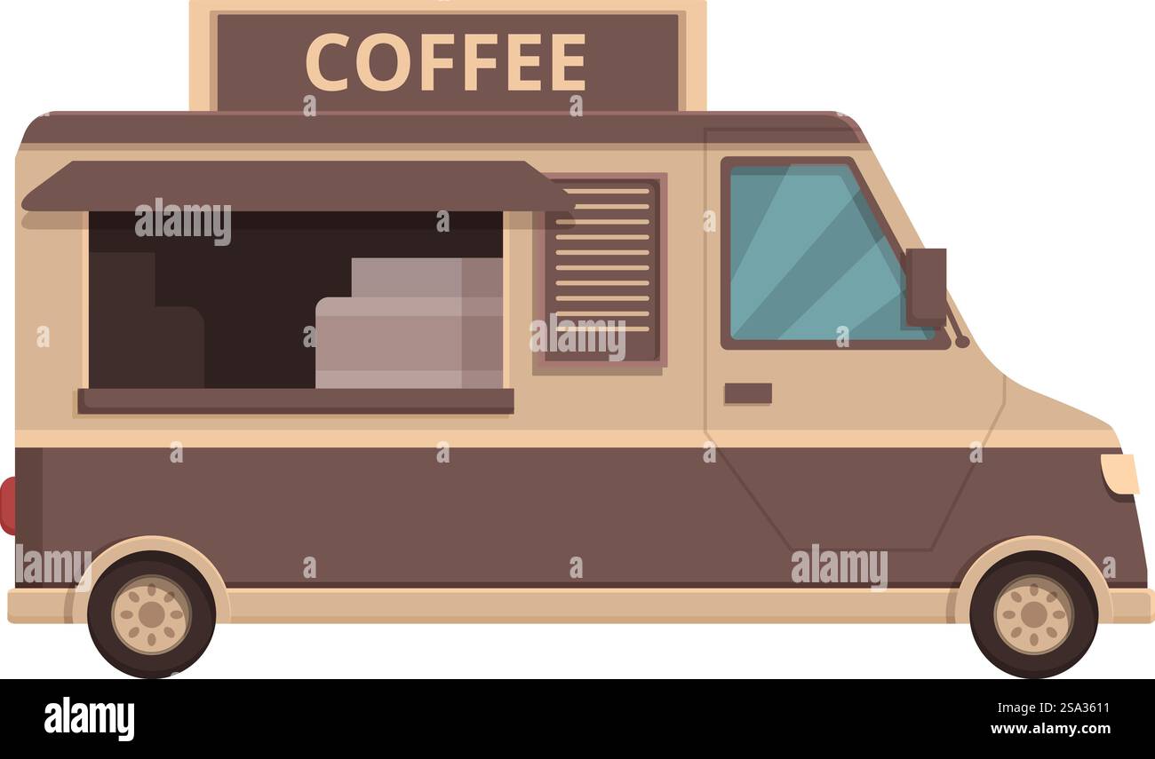 Cartoon illustration of a classic beige coffee food truck with a ...