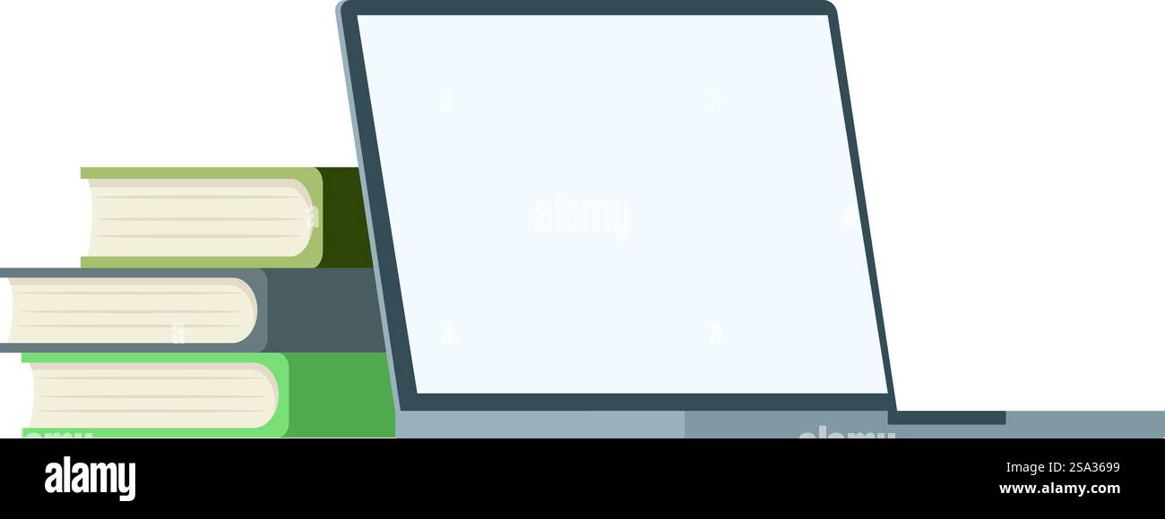 Clean workspace with a modern laptop beside a neat stack of books ...