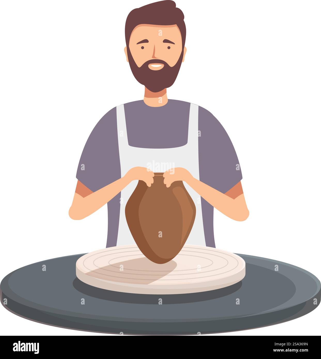 Vector illustration of a smiling male potter shaping a clay vase on a ...