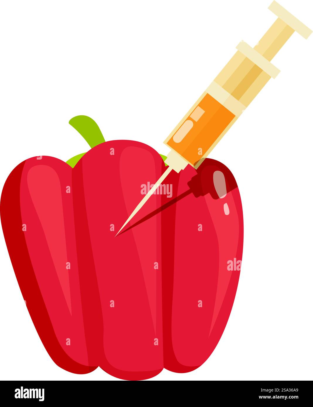Vector graphic of a syringe injecting into a red bell pepper, symbolizing gmo. Genetically ...