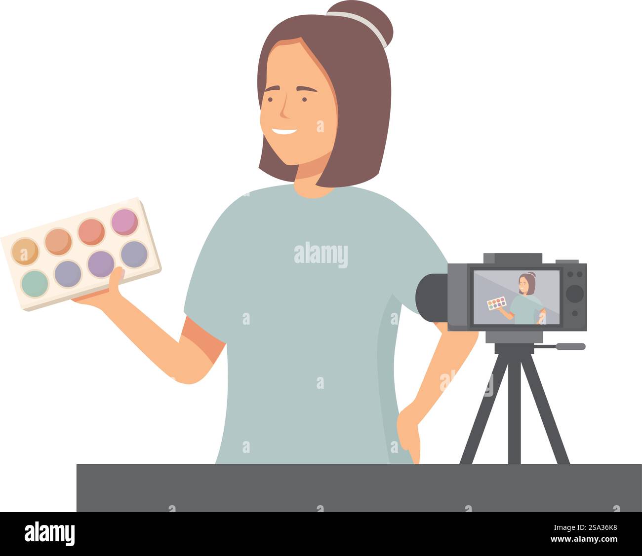 Cheerful art teacher demonstrates watercolor techniques during a ...