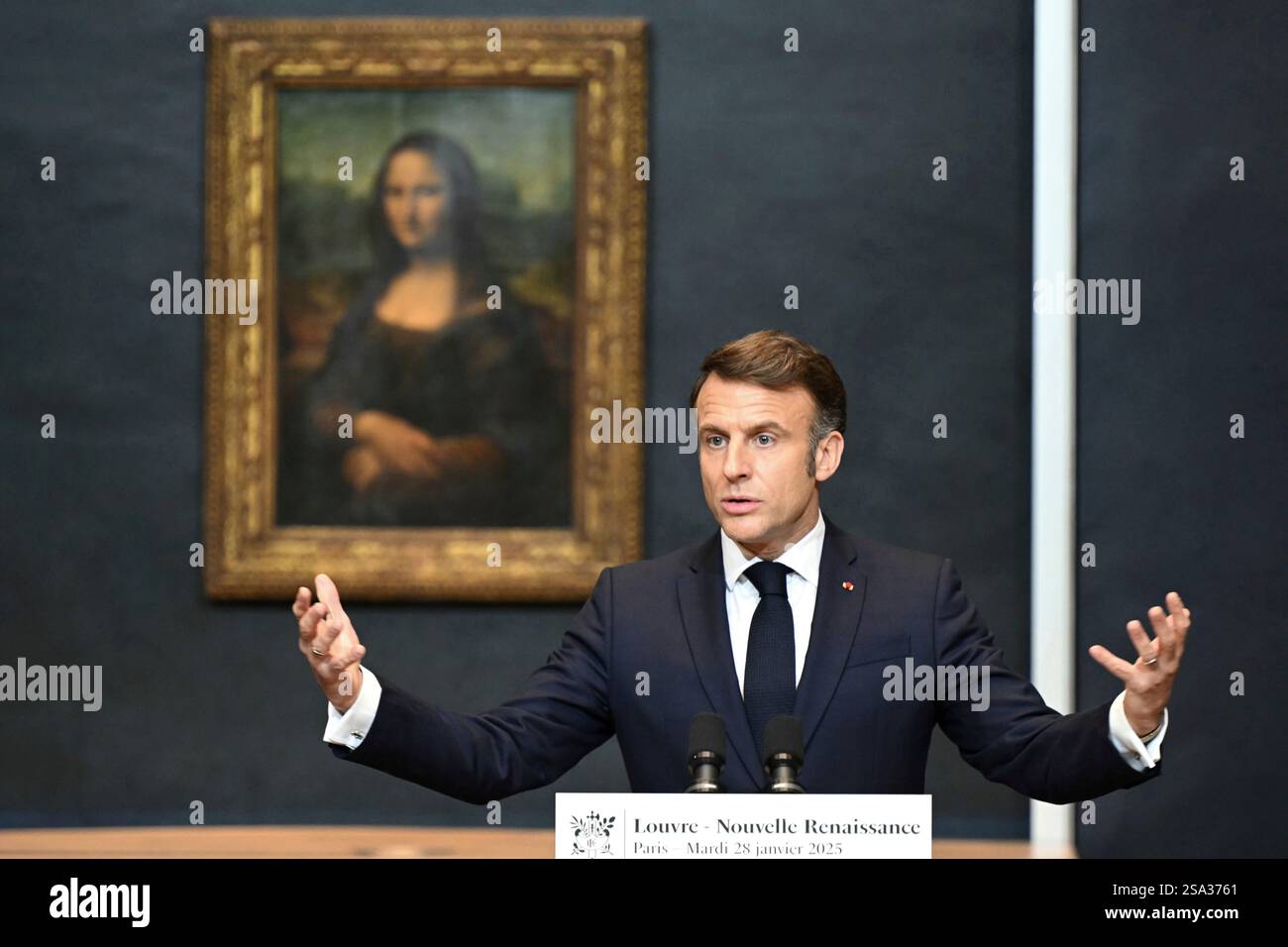 French President Emmanuel Macron gives a speech to announce a multi ...