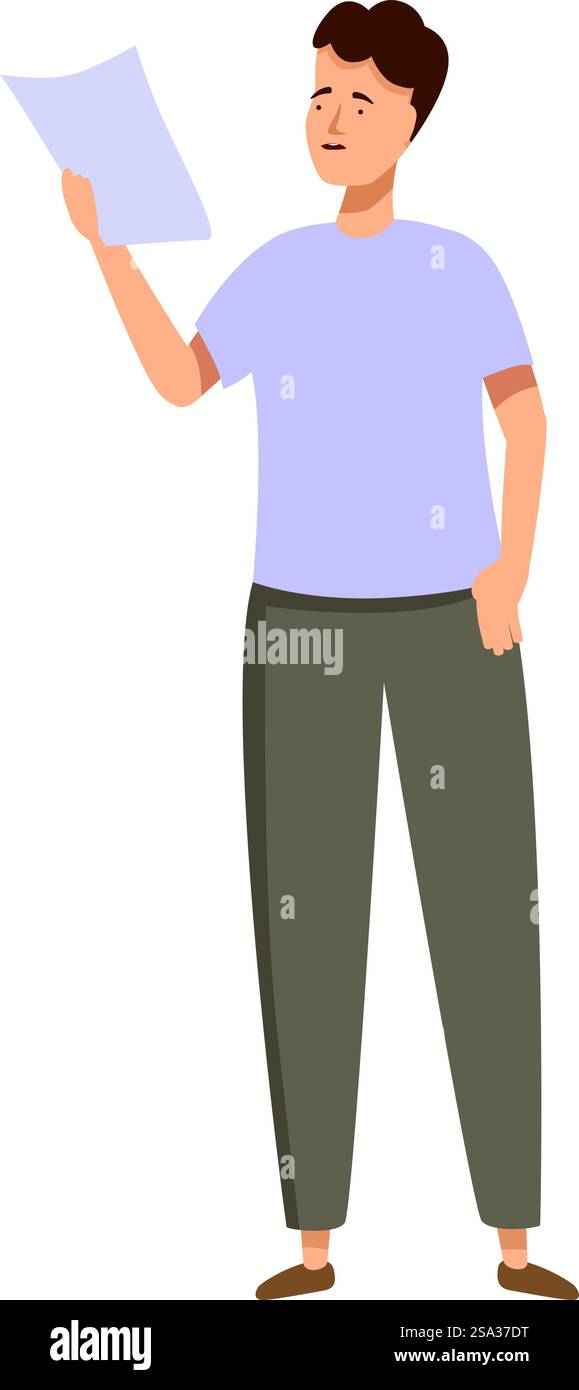 Cartoon of a puzzled young man looking at a paper document in his hand ...