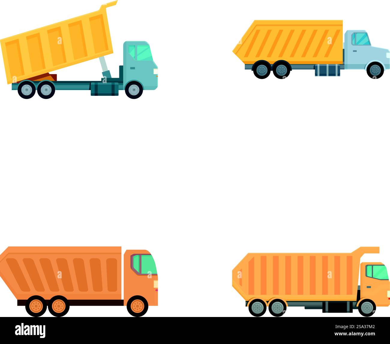 Collection of four colorful, vector illustrated dump trucks, isolated ...