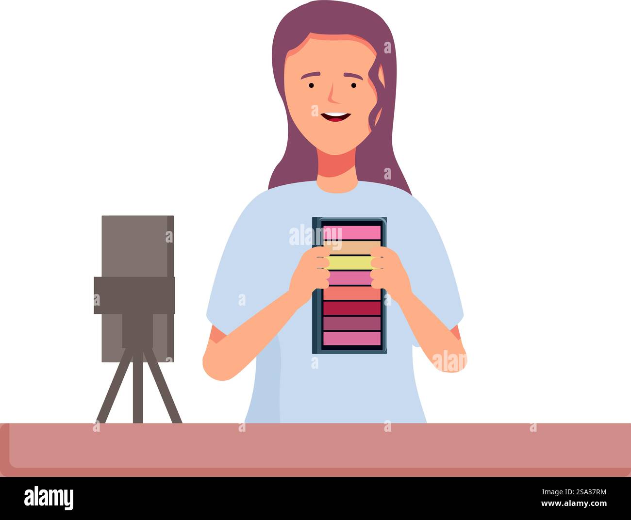 Joyful cartoon woman holds color swatches with a camera on a tripod in ...