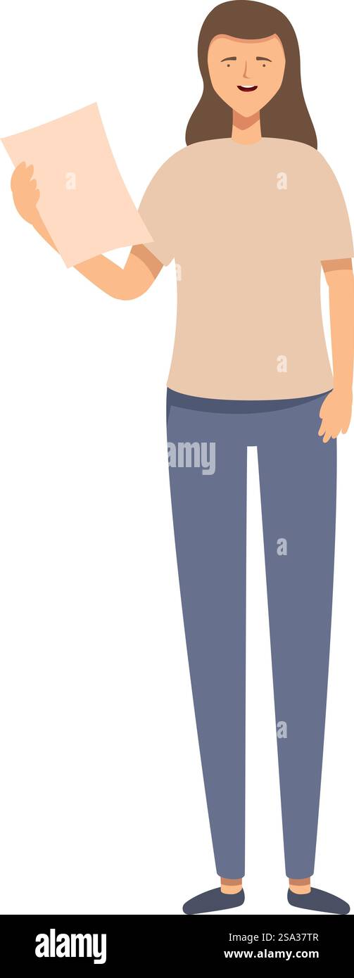 Happy and content young woman smiling while holding a document and ...