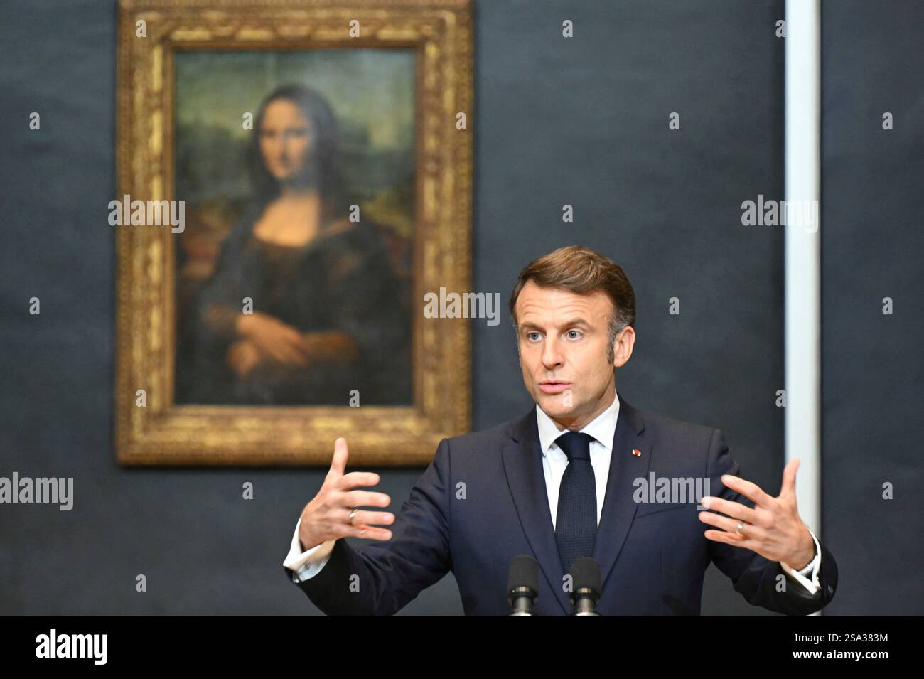 French President Emmanuel Macron gives a speech to announce a multi ...