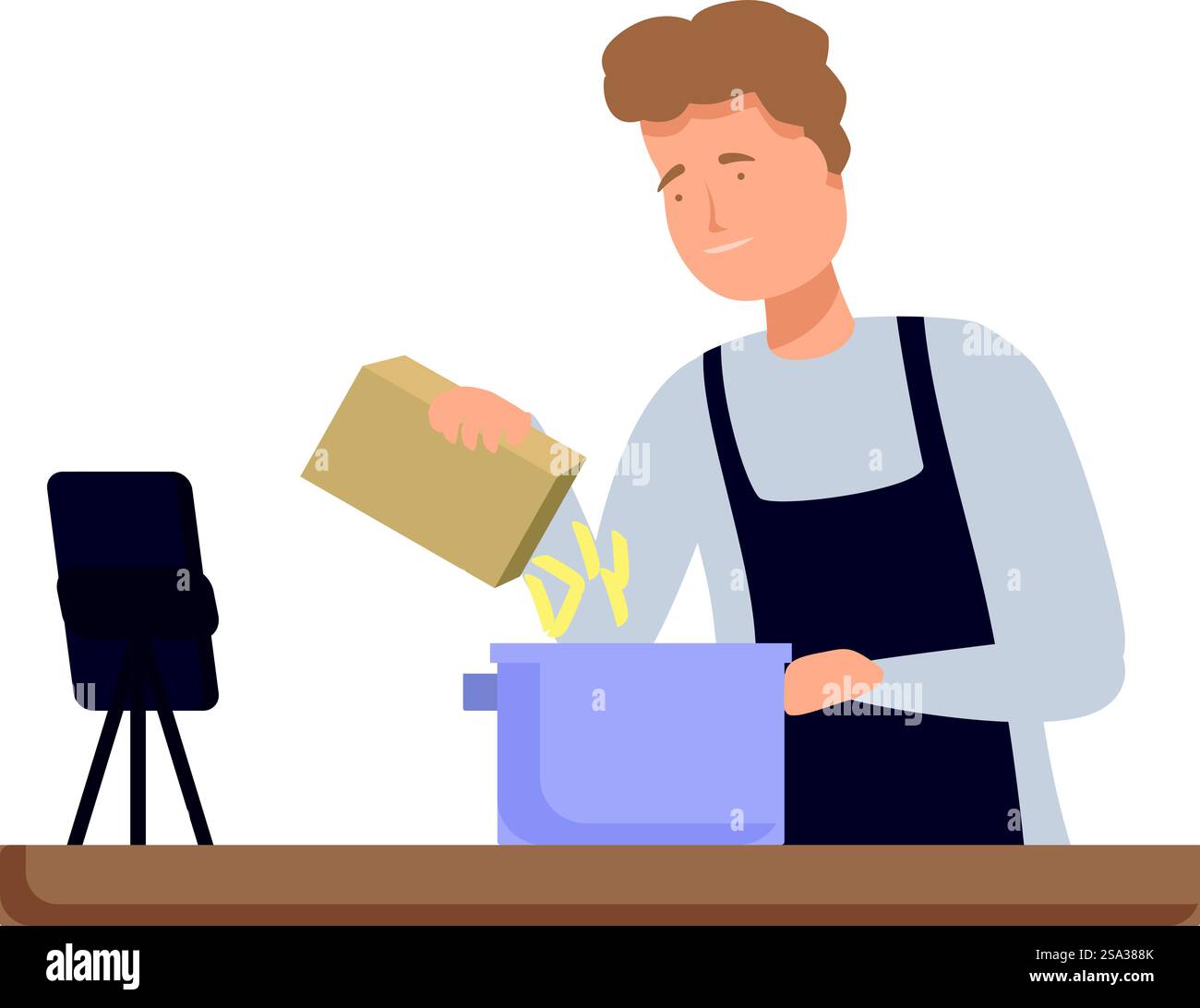 Animated male chef character pouring ingredients into a pot, cooking on ...
