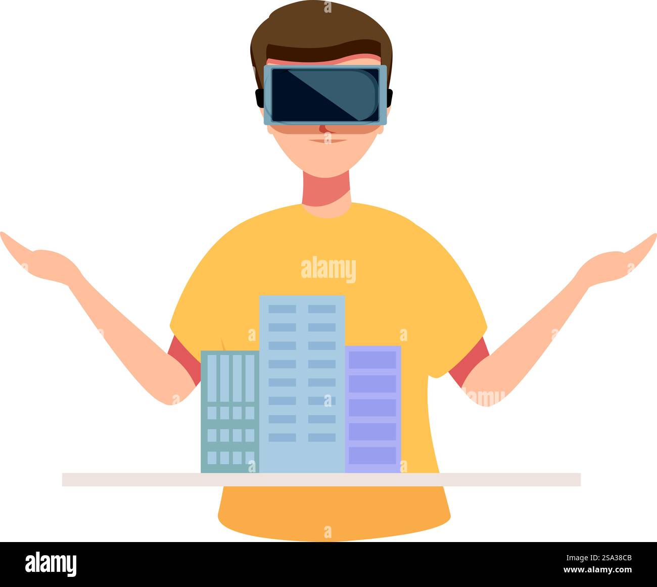 Illustration of a male with vr headset creating a 3d city model. Young man using virtual reality ...