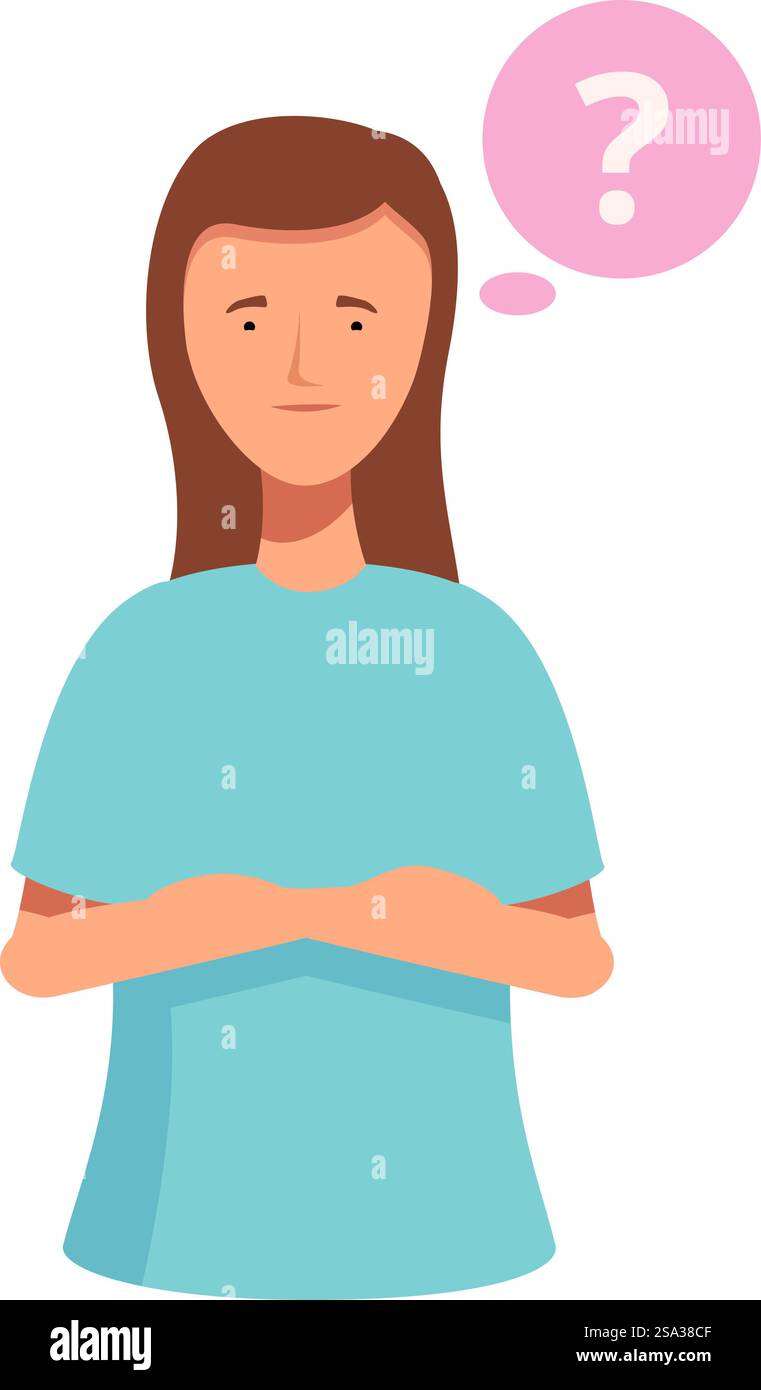 Illustration of a thoughtful woman with arms crossed and a question ...