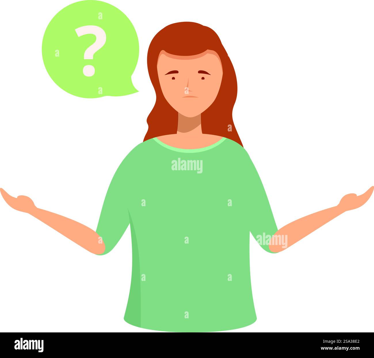 Cartoon of a young woman shrugging with a speech bubble question mark, symbolizing confusion ...