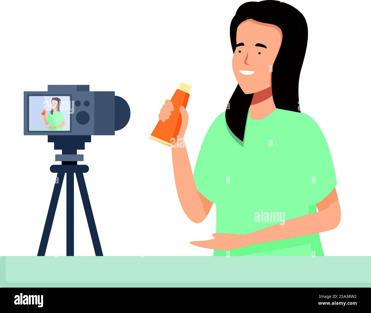 Female vlogger reviews a beauty product while recording a video with a ...