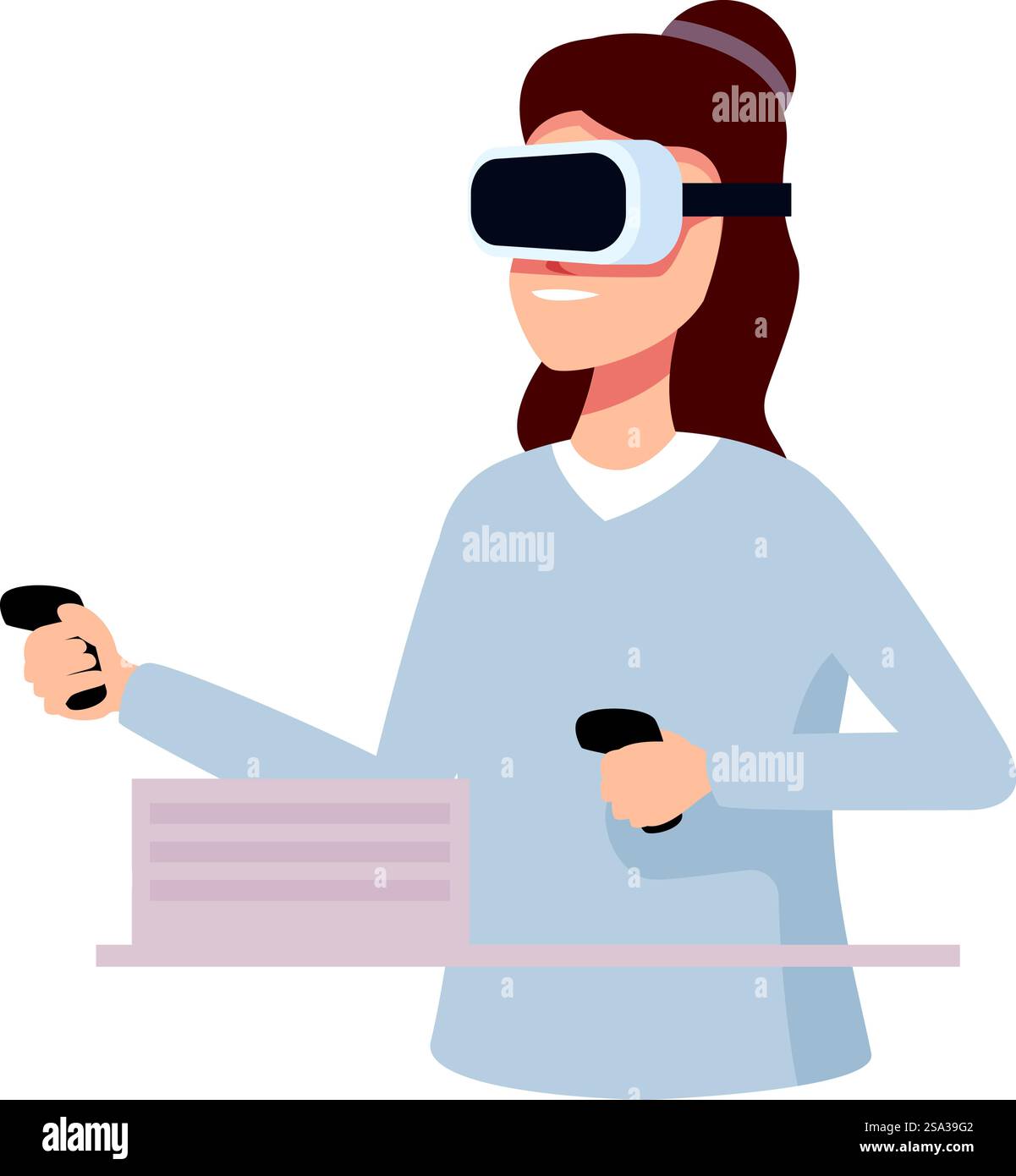 Illustration of a woman with vr headset and controllers engaged in a ...