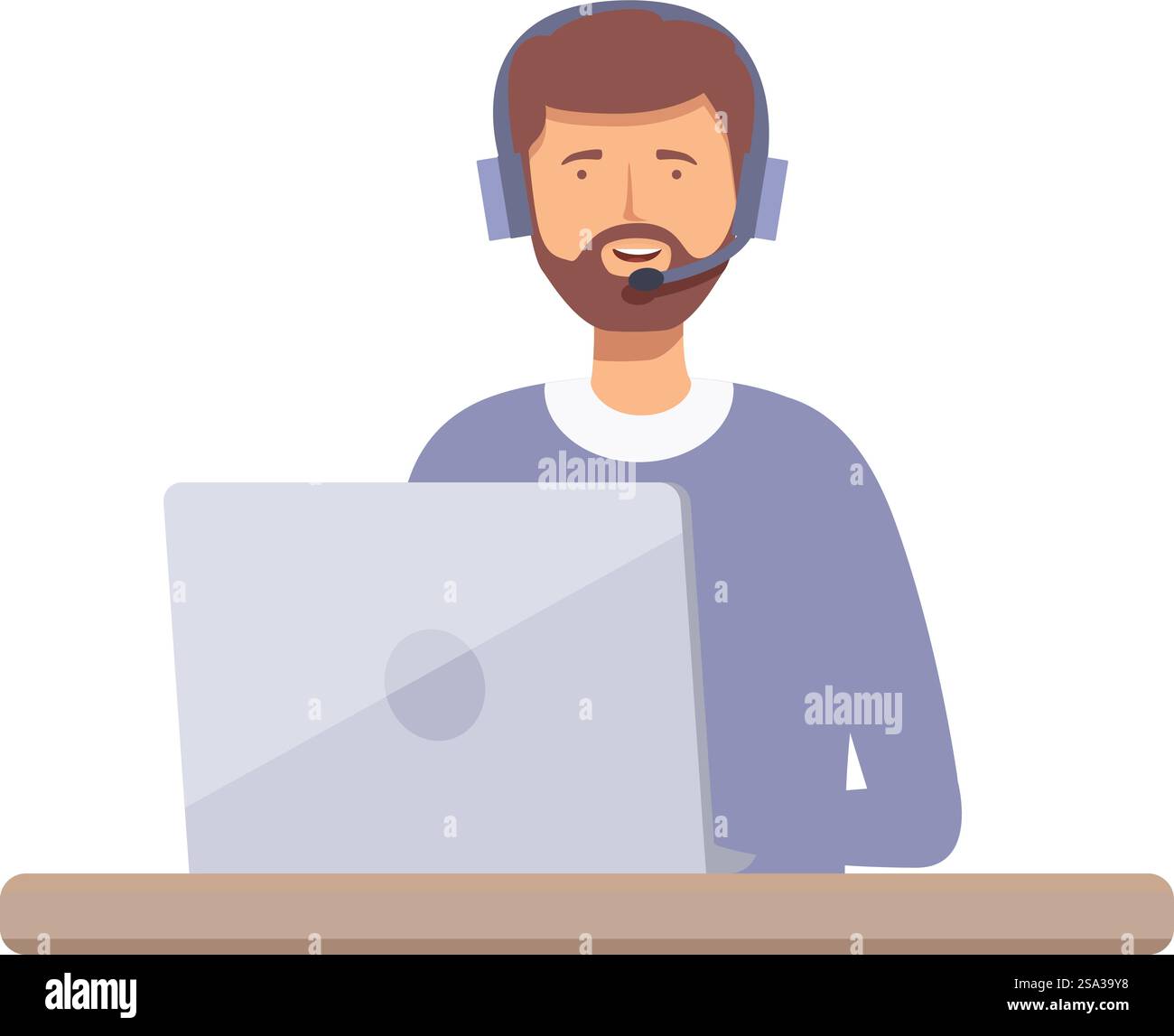 Illustrated male call center employee with headset working on a laptop ...