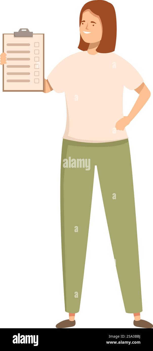 Vector illustration of a smiling woman presenting a clipboard with a ...