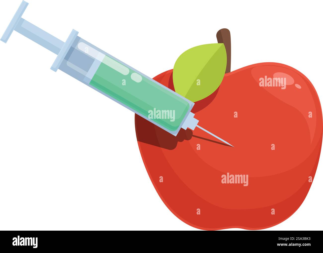 Cartoon of a syringe injecting a bright red apple, symbolizing gmos. Genetically modified food ...