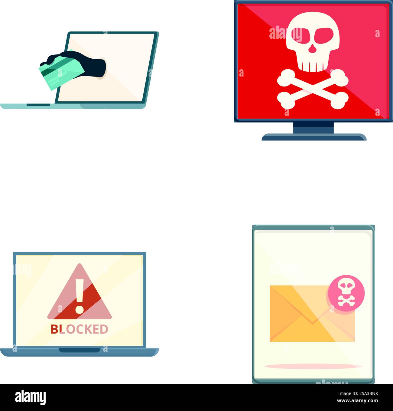 Vector illustrations depict common cybersecurity threats and warning ...