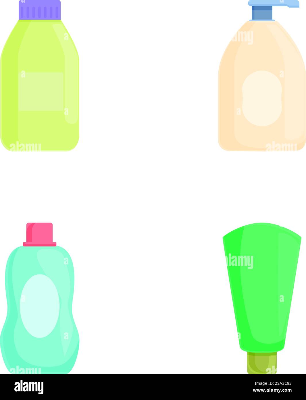 Set of four colorful cartoon bottles for soap and cleaners, isolated on ...