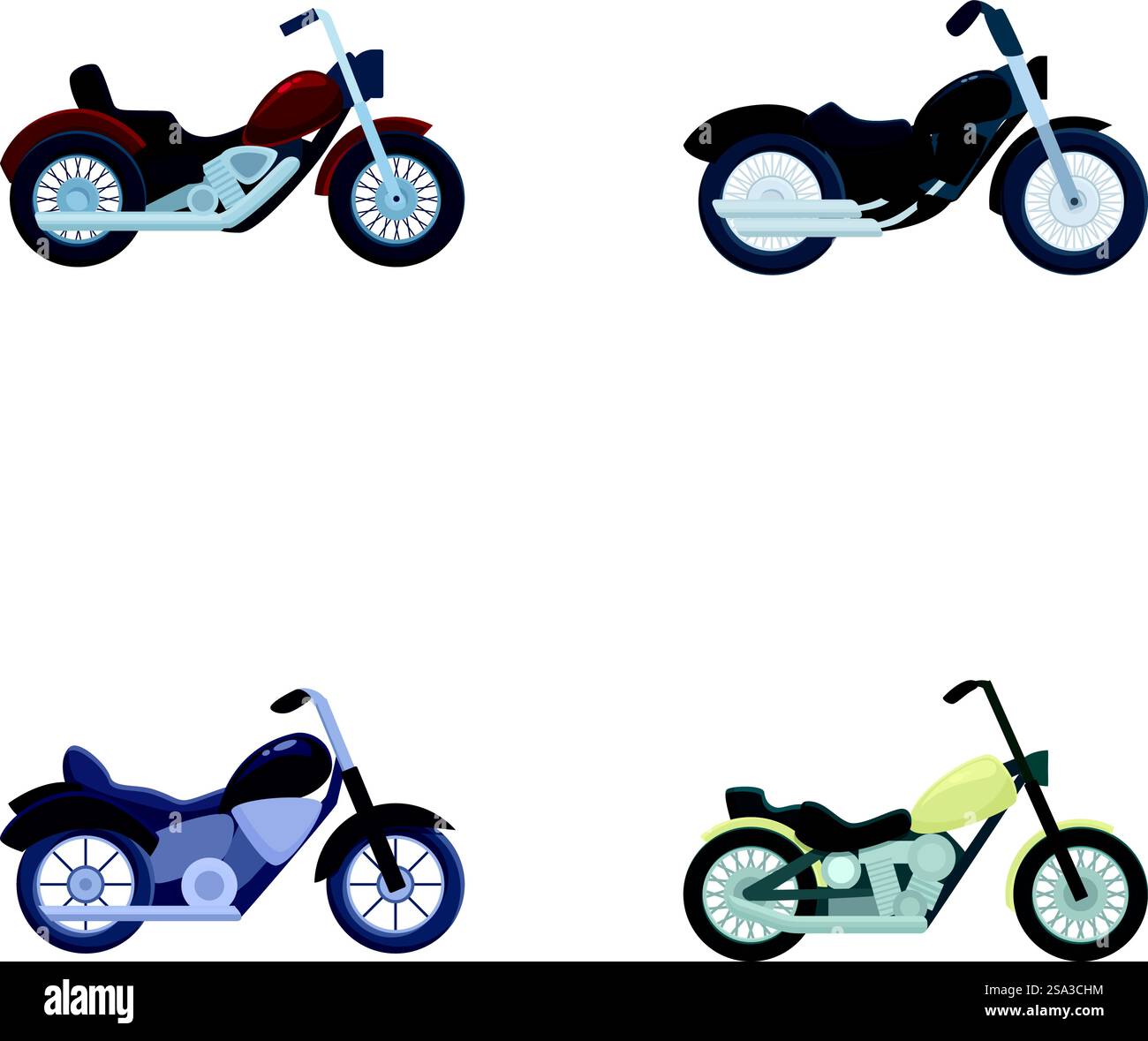 Collection of four different cartoon motorcycle illustrations isolated ...