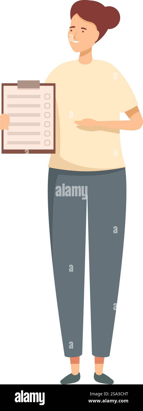 Illustration of a young woman standing and presenting a clipboard with ...