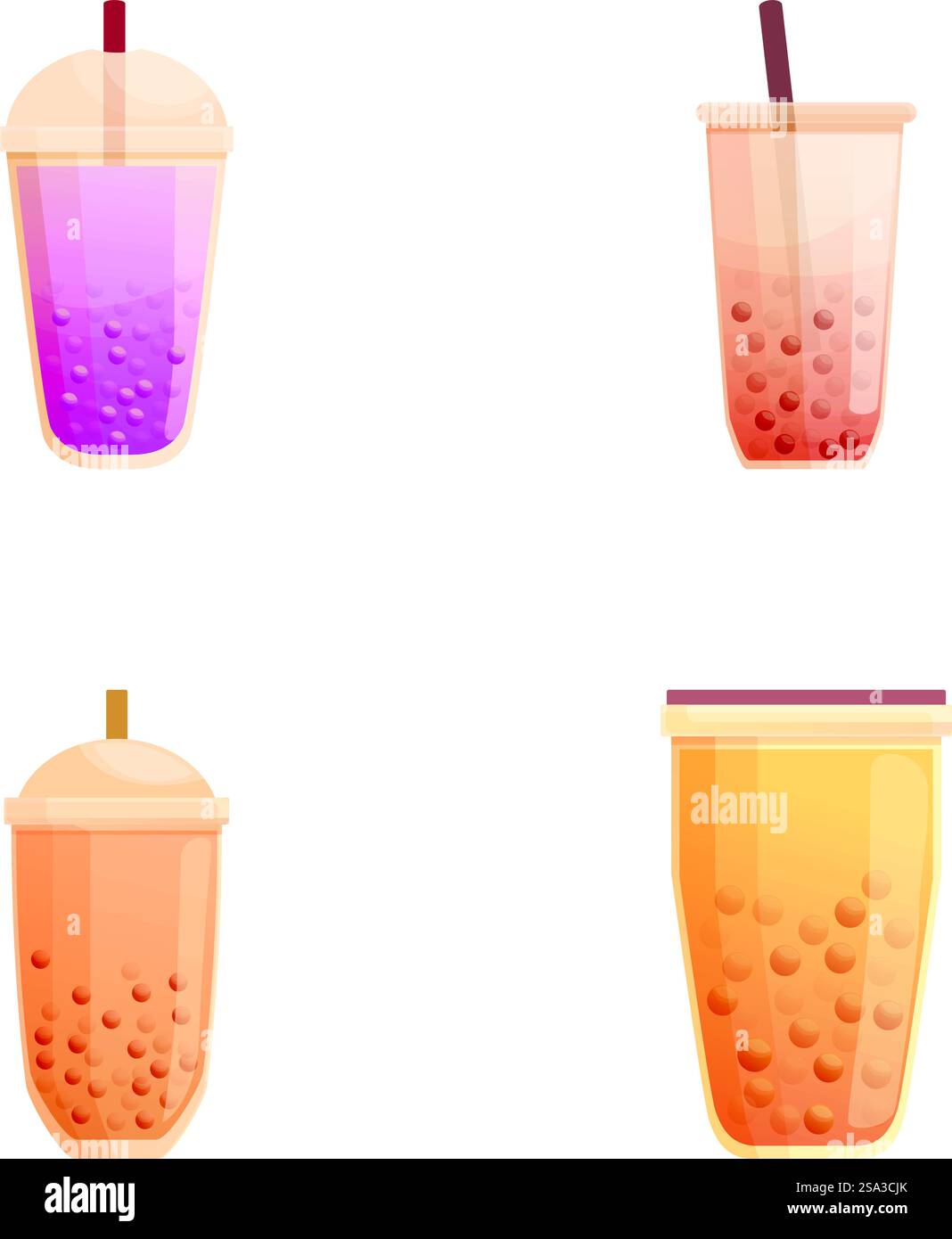 Vector illustrations of colorful bubble tea in various flavors with tapioca pearls. Assorted ...