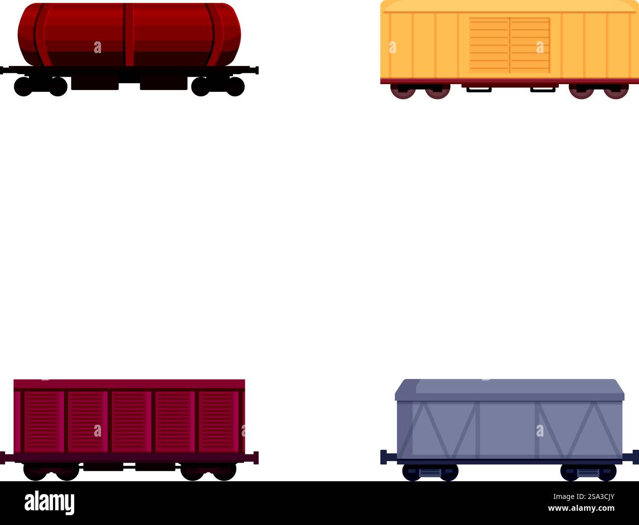 Collection of four isolated vector illustrations of colorful freight train carriages. Set of ...