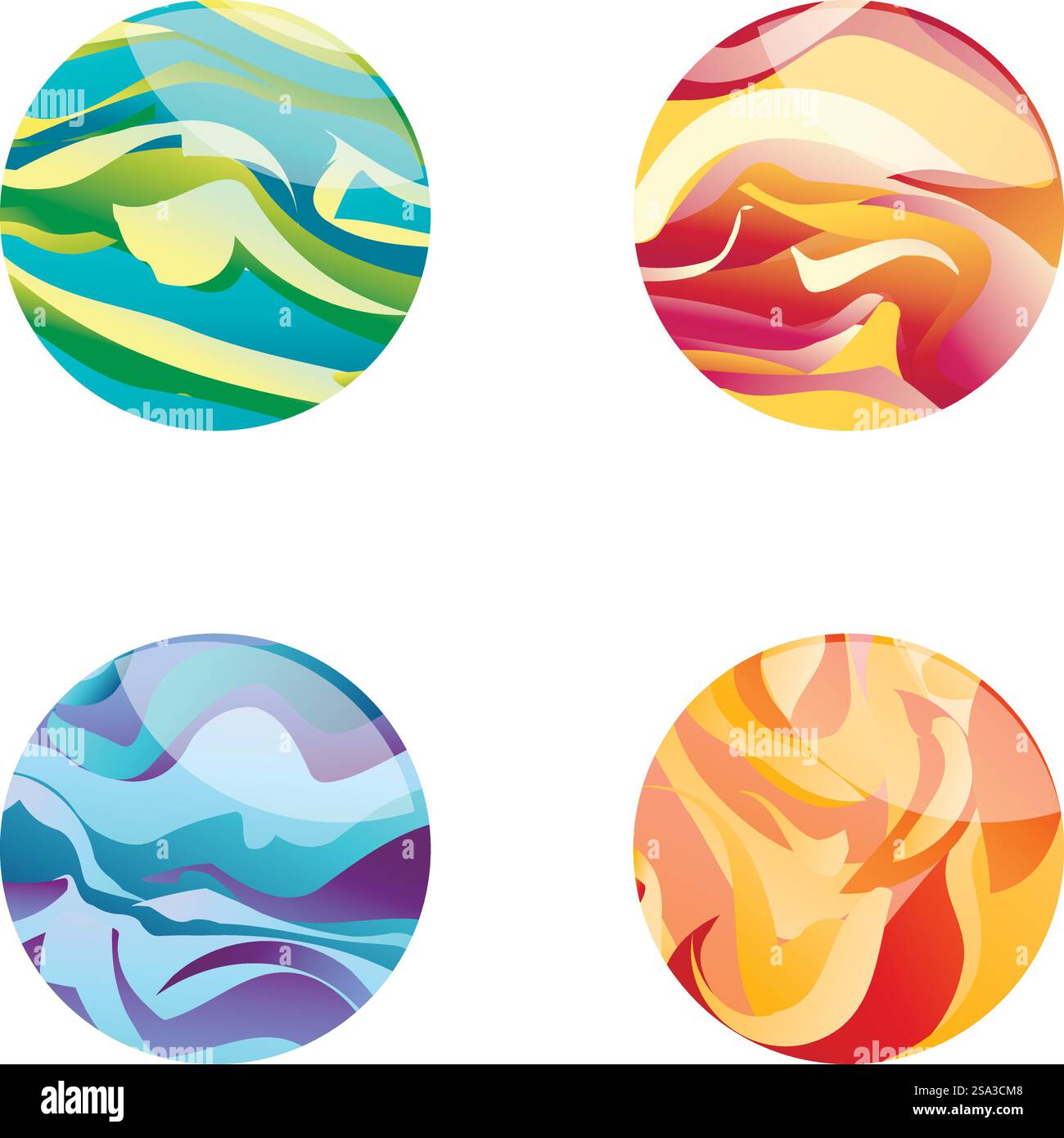 Vibrant, circular icons representing the four elements, water, earth, air, and fire, in a modern ...