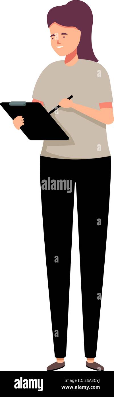 Fulllength illustration of a focused woman noting down details on a ...