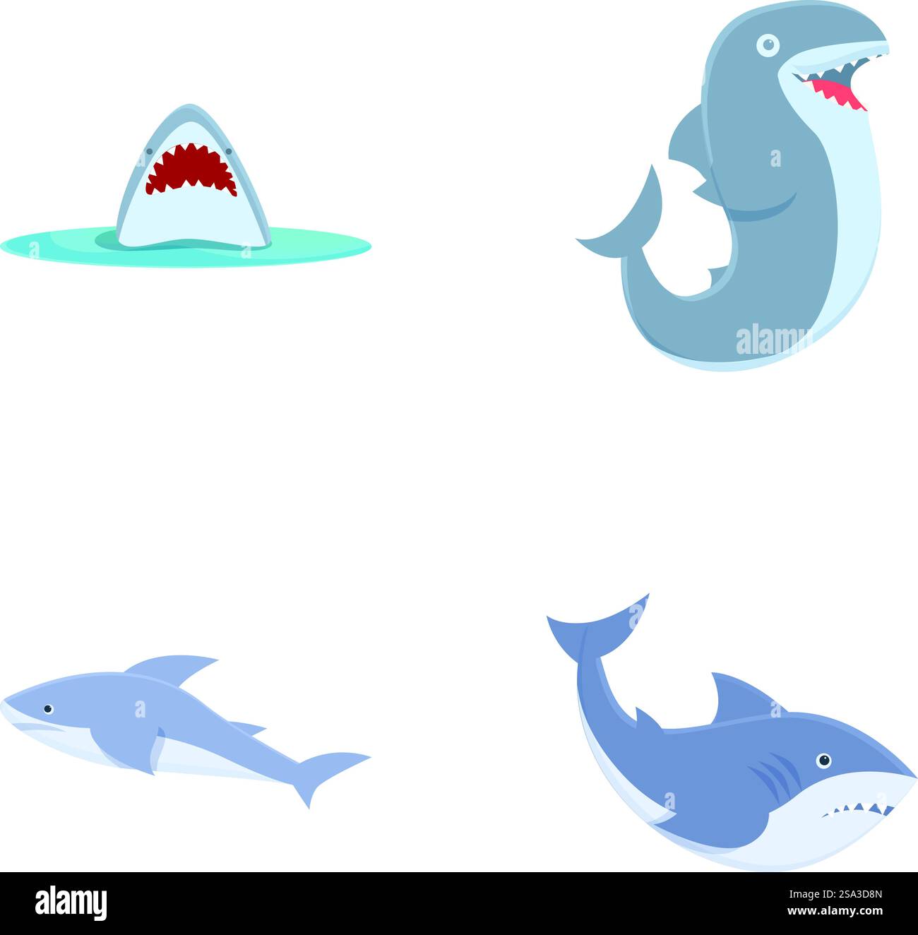 Set of four cartoon shark illustrations isolated on white, including ...