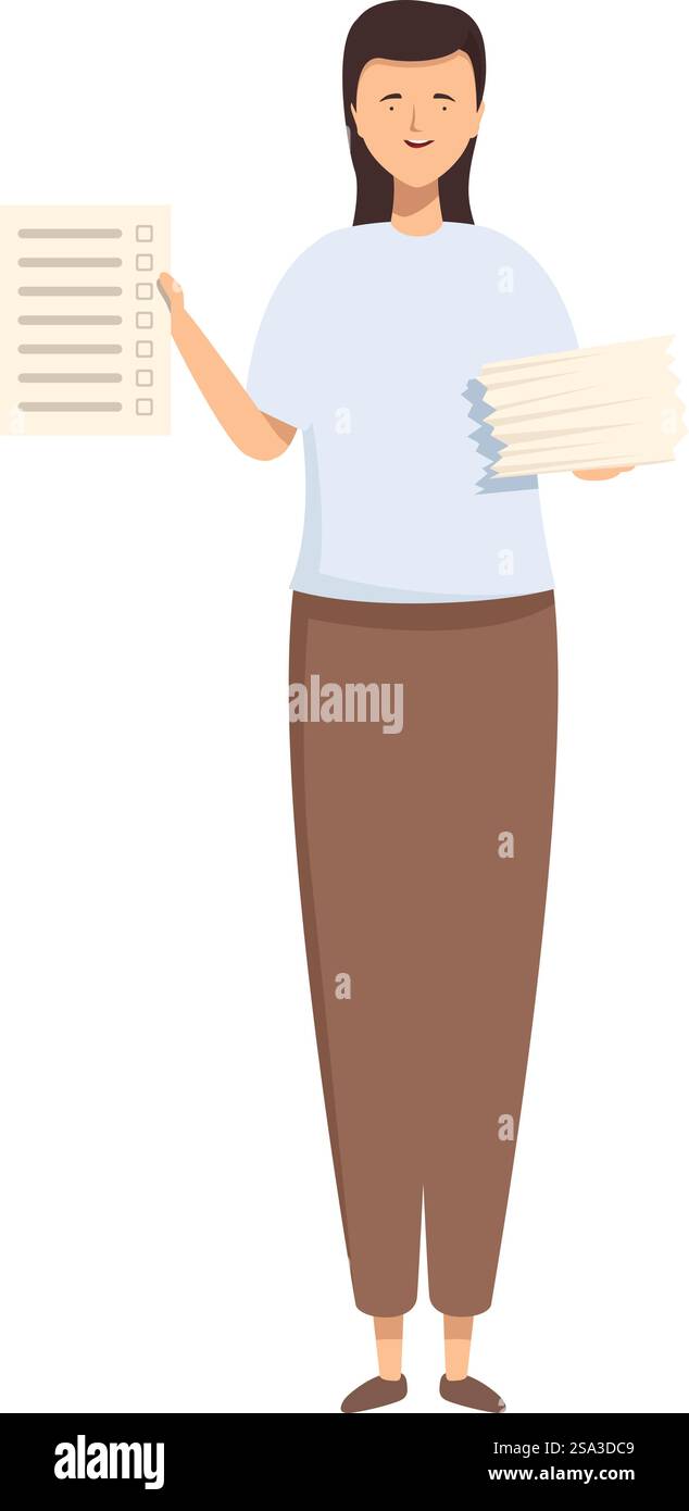 Vector illustration of a woman standing, holding a checklist and stack ...