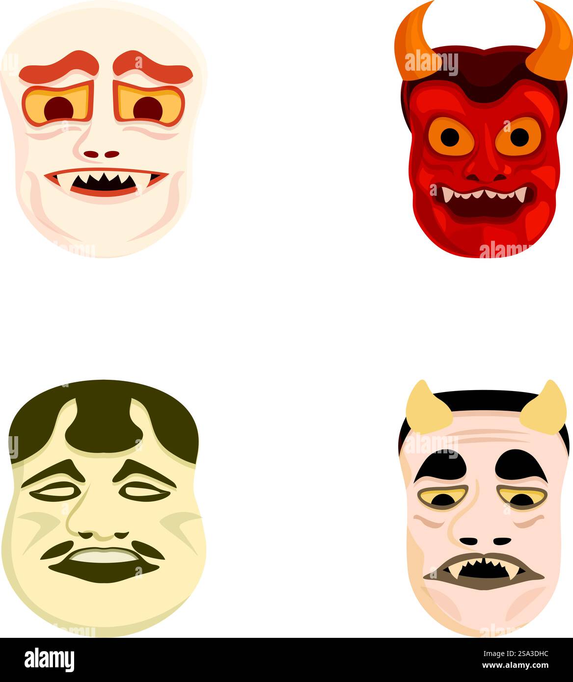Collection of four cartoonish mask illustrations depicting various ...