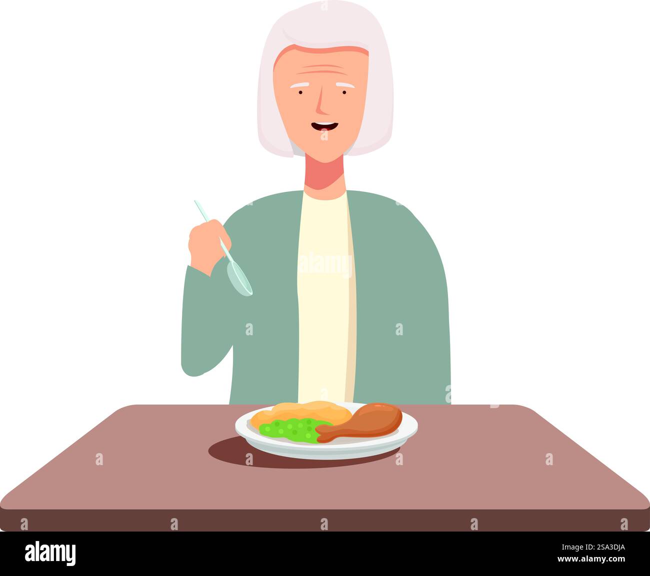 Illustration of an elderly woman with a smile, dining alone at a table ...