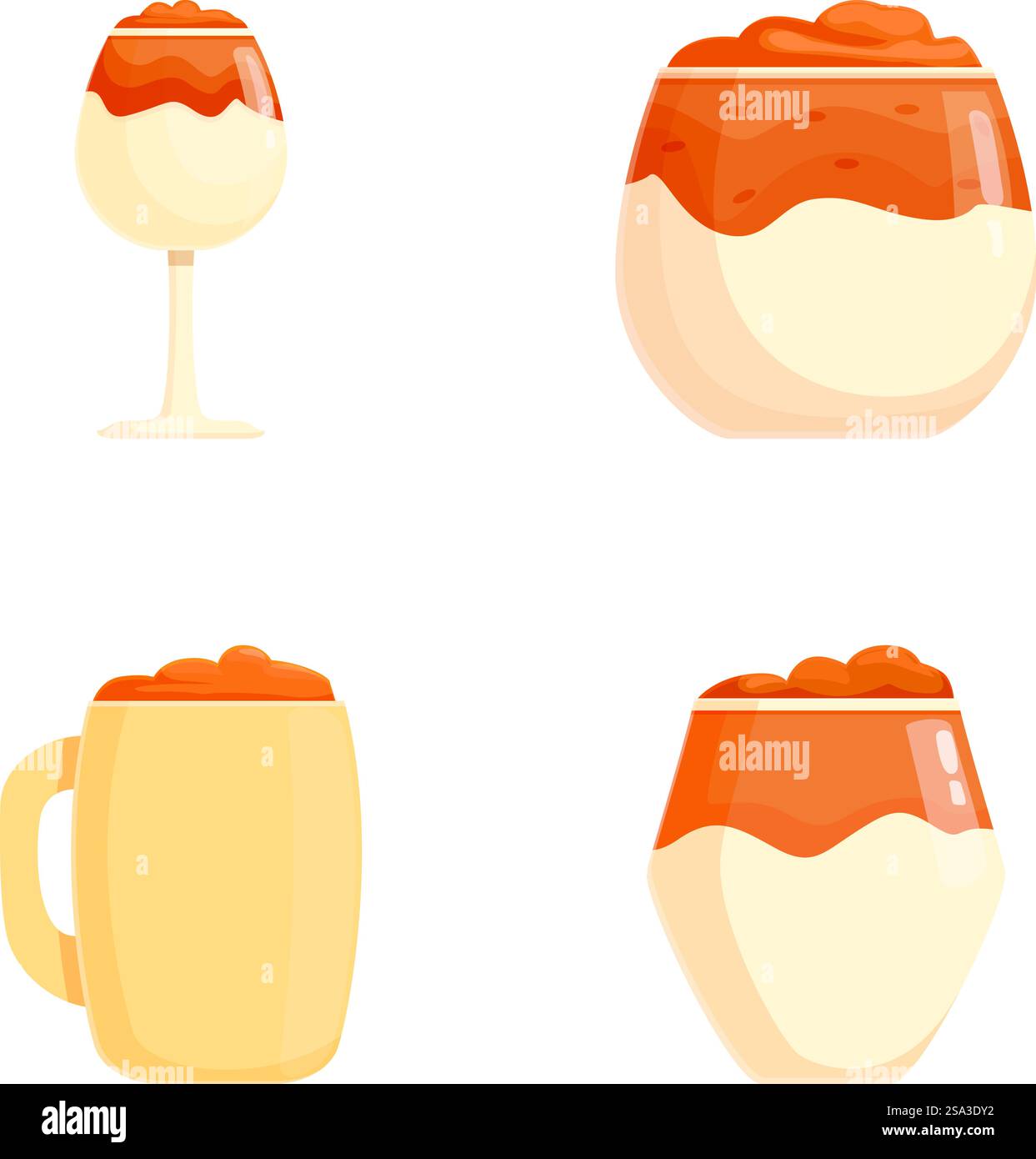 Collection of four cute pudding illustrations in various dessert cups ...
