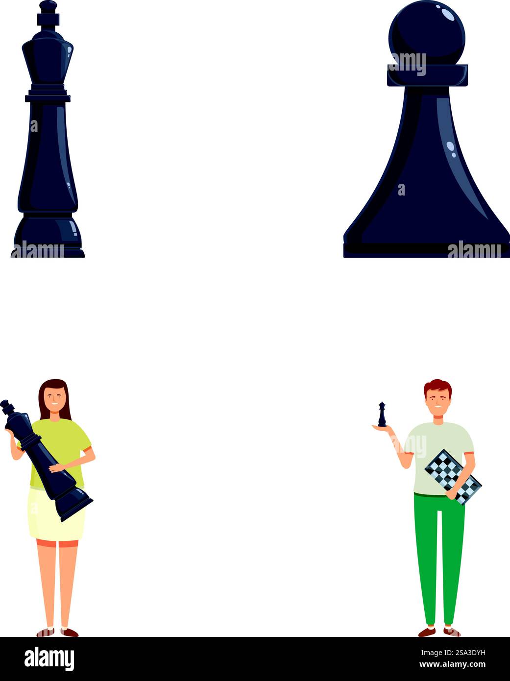 Vector illustration of chess pieces and cartoon characters with hobbies ...