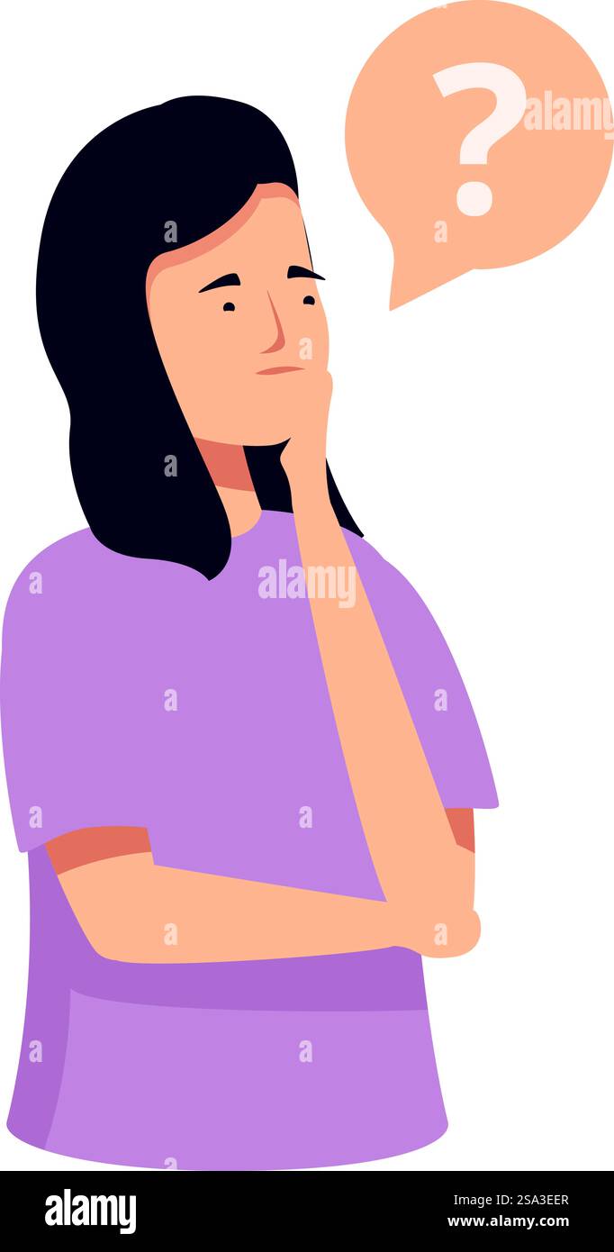 Vector illustration of a contemplative woman with a question mark in a ...