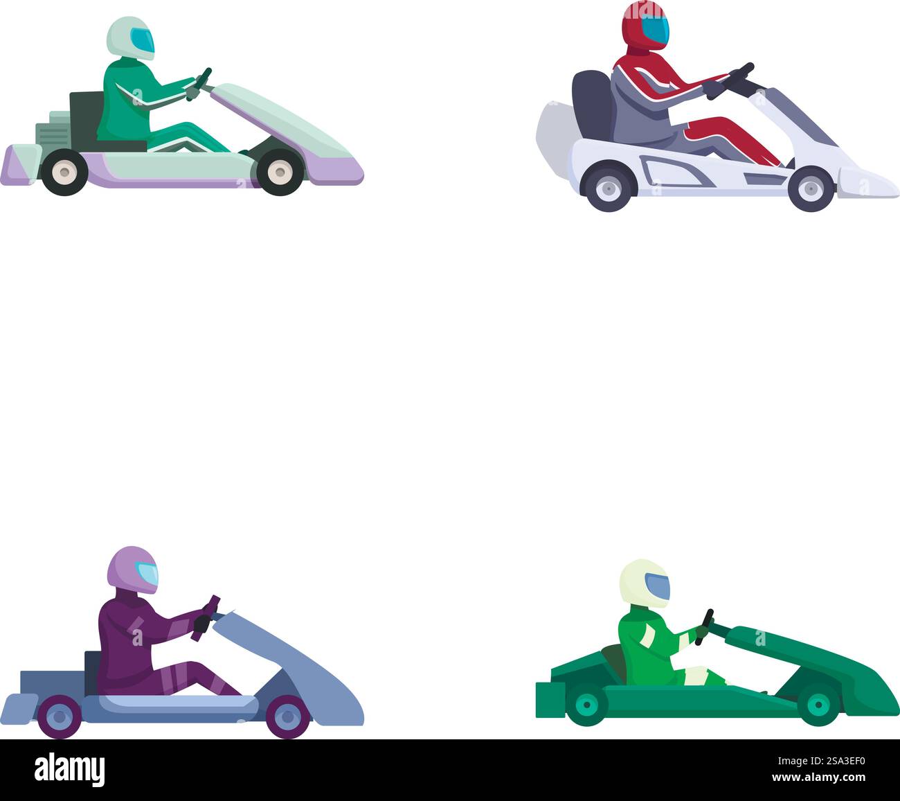Collection of four vector illustrations featuring drivers in gokarts ...