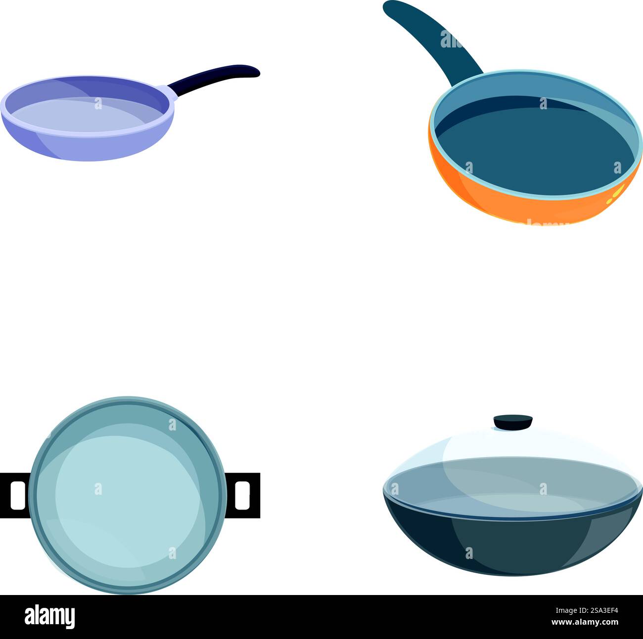 Collection of four different cartoonstyle kitchen pans isolated on a ...