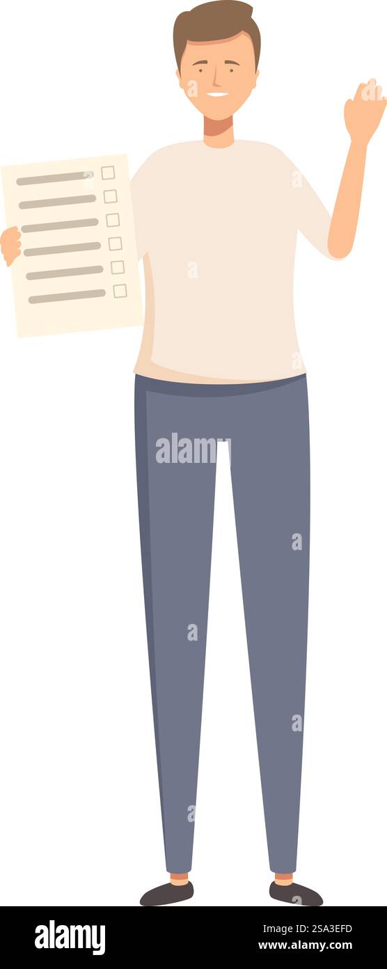 Vector illustration of a smiling young man holding a document and ...