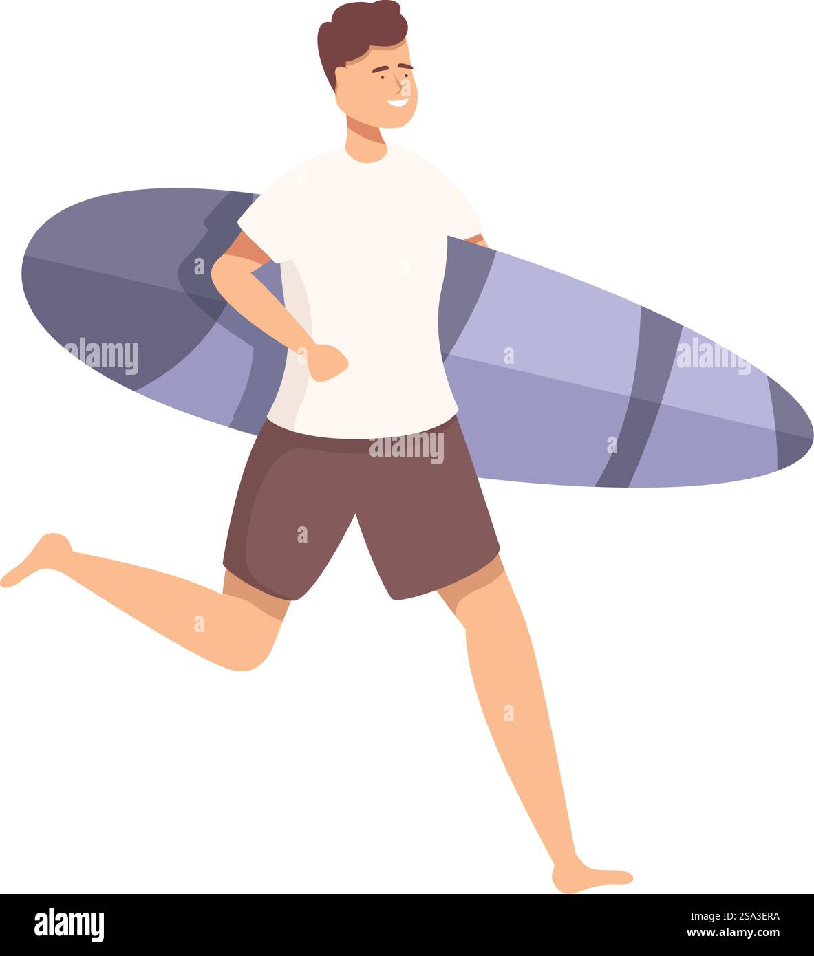 Illustration of a cheerful young man running with his surfboard, ready ...