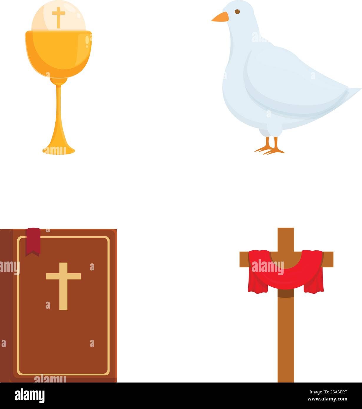 Vector illustration of four christian religious symbols. Christian symbols set chalice, dove ...