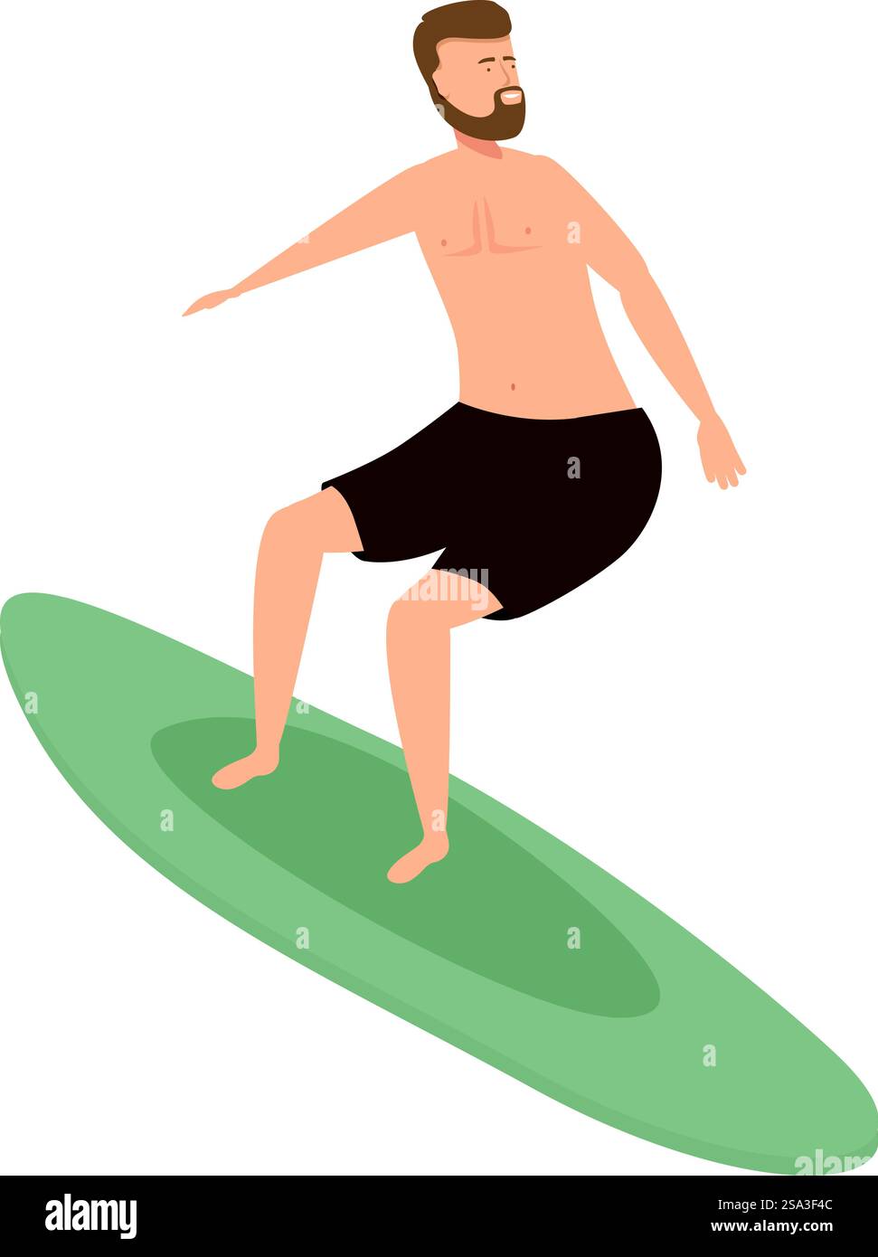 Illustration of a young man surfing alone on a surfboard in the ocean ...