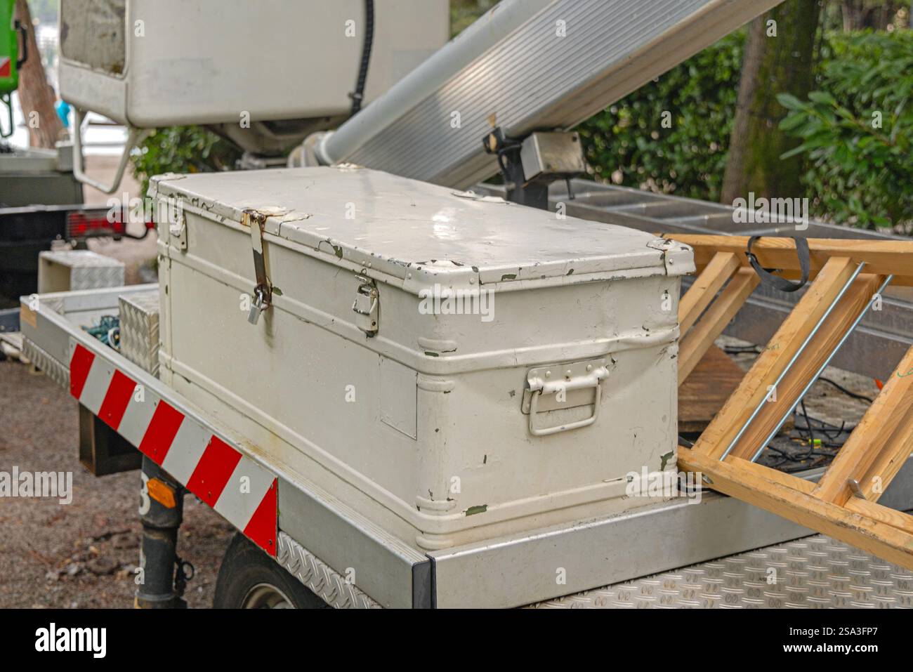 Locked White Tool Box for Equipment With Handles Storage at Flatbed ...