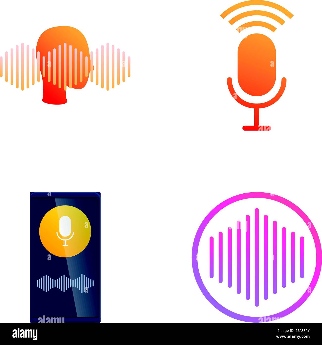 Set of four modern, colorful icons representing podcasting and voice ...
