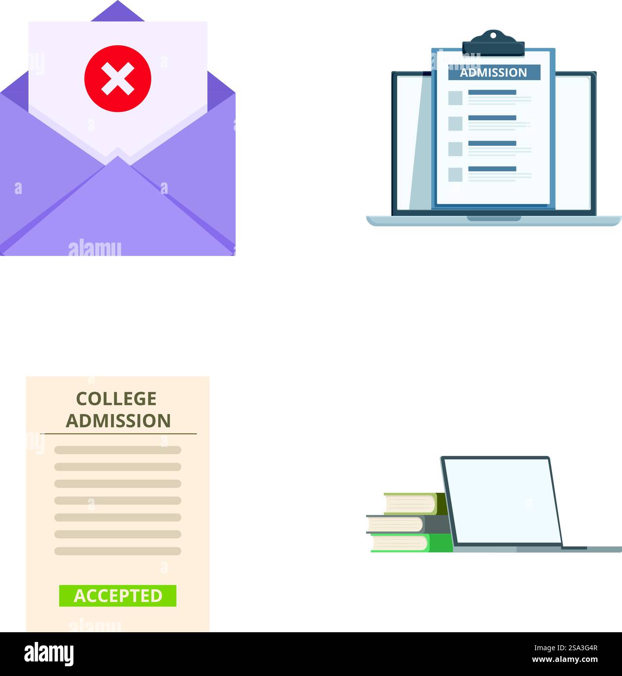 Set of four flat icons representing college admission application, acceptance, and rejection ...
