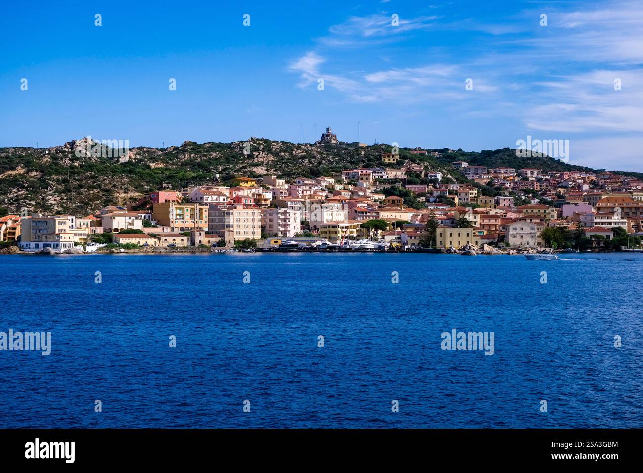Houses in the town of La Maddalena, the main town on the island of La Maddalena, seen from the ...