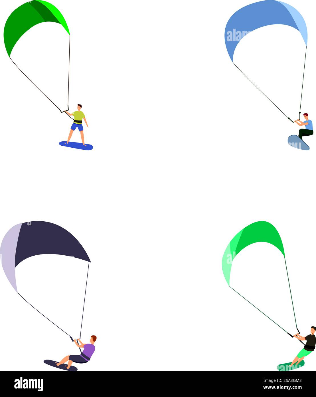 Vector illustrations of four paragliders with colorful parachutes ...