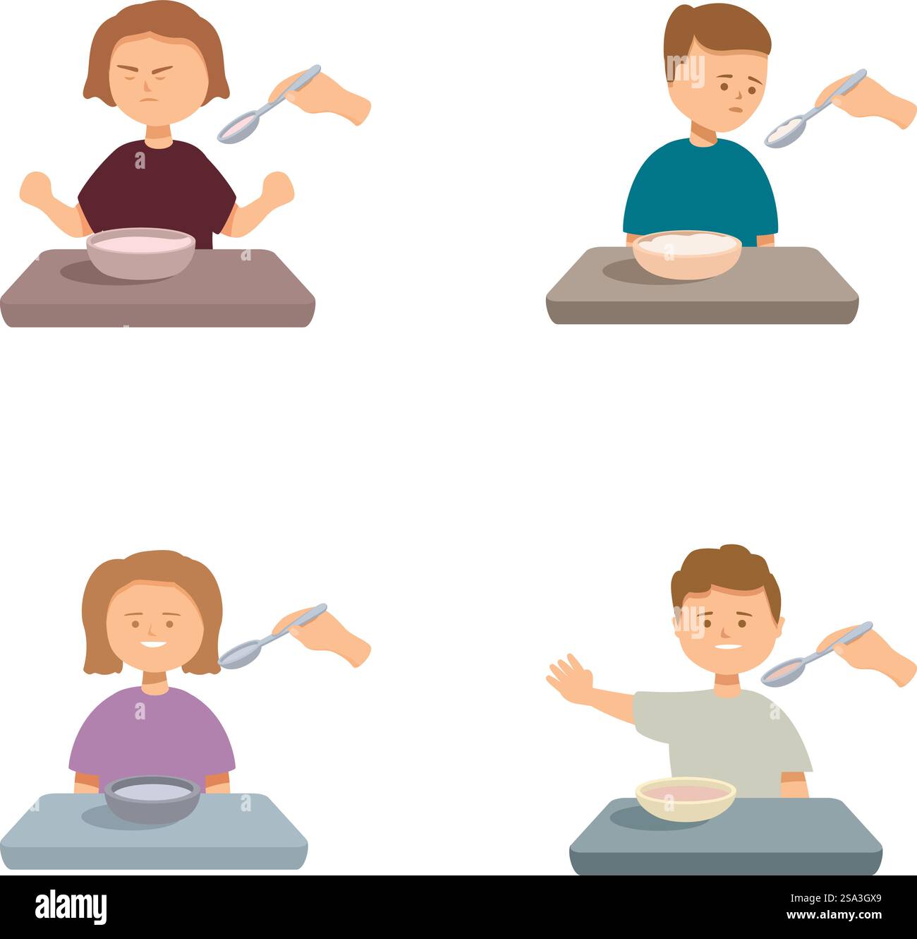 Illustration of four children with empty bowls, each displaying a ...